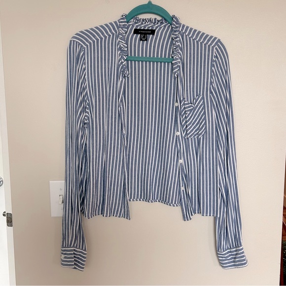 Atmosphere | Tops | Atmosphere Blue White Striped Blouse Ruffled ...